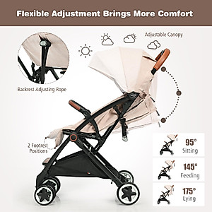 BABY JOY Lightweight Baby Stroller, Compact Toddler Travel Stroller for Airplane, Infant Stroller w/ 5-Point Harness, Adjustable Backrest/Footrest/Canopy, Storage Basket, Easy One-Hand Fold, Beige