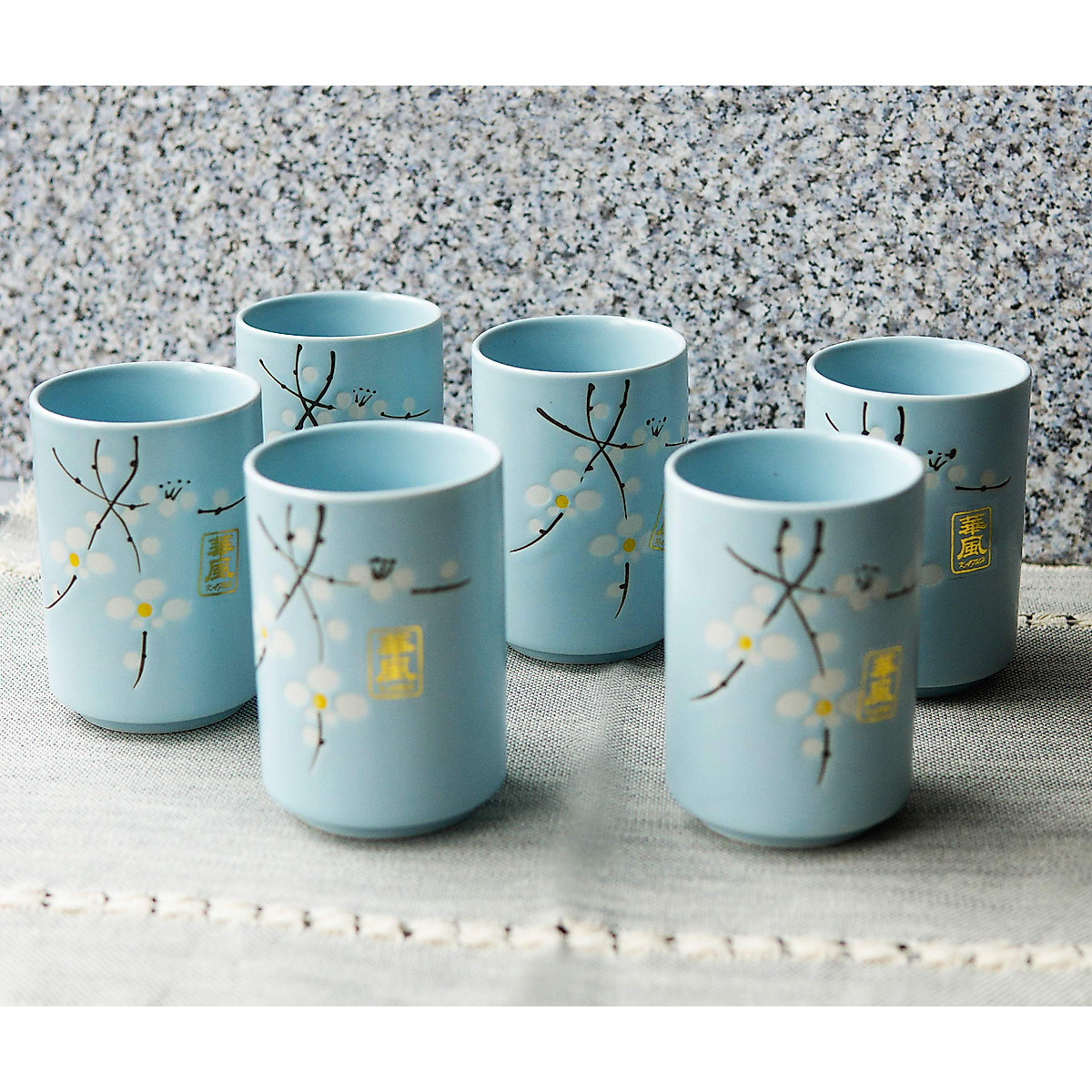 Ebros Gift Pack Of 6 Japanese Sakura Cherry Blossom Floral Branches Pastel Sky Blue Porcelain 10oz Tea Cup Set Teacups Home Kitchen Restaurant Decorative Accent