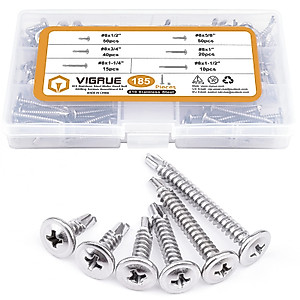 VIGRUE 185Pcs #8 Truss Head Self Tapping Screws, 410 Stainless Steel Low Profile Self Drilling Tek Screw Assortment Kit, Length 1/2'' to 1-1/2''