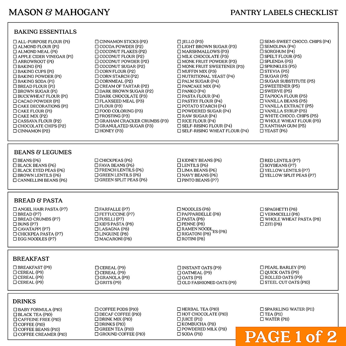Mason & Mahogany 300 Pantry Labels for Food Containers, Kitchen Labels for Containers, Food Labels for Containers, Organization Labels for Storage Bins, Container Labels, Minimalist Labels