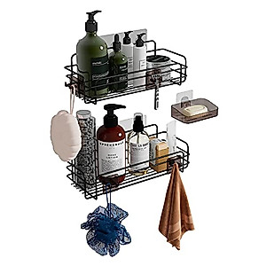 2-Pack Adhesive Shower Caddy With 4 Magic Hooks and 1 Pack Soap Dishes, No Drilling Rustproof Stainless Steel Eaeregs Shower Organizer for Inside Shower & Kitchen Storage(Matte Black Round wire style)