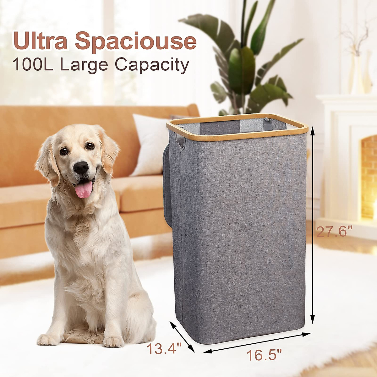 FairyHaus Laundry Basket with Lid, Freestanding Large Laundry Hamper with Lid, Removable Bag & Support Rods, Collapsible Dirty Clothes Hampers for Laundry with Easy Carry Bamboo Handles, Tall, Grey