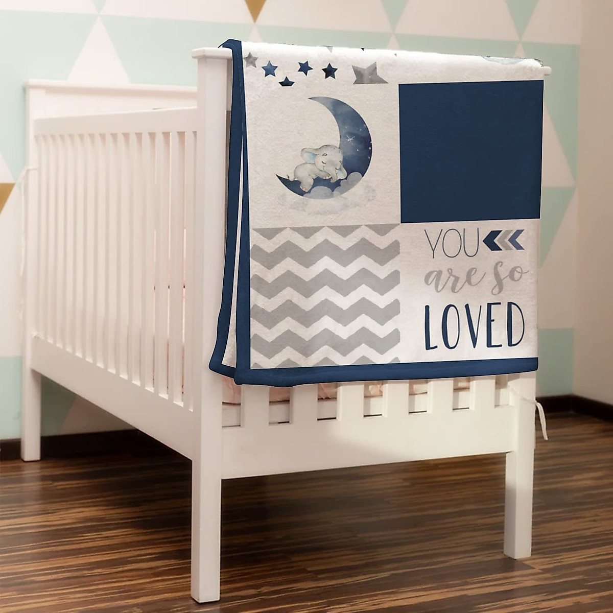 HawSkgFub Sleeping Elephant Star Baby Blanket Boys Gift Navy Blue, Dream Big Little One You Are So Loved Patchwork Flannel Fleece Nursery Bed Blankets, Soft Newborn Infant Toddler Crib Bedding 30 x 40