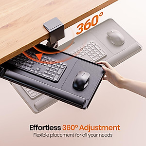 Rotating Keyboard Tray Under Desk - Klearlook PU Leather Keyboard Drawer Adjustable C Clamp,Ergonomic Mouse Keyboard Platform Extender,No Drilling,Easy Install Keyboard Stand,23.62"x 9.84"Inch-Black
