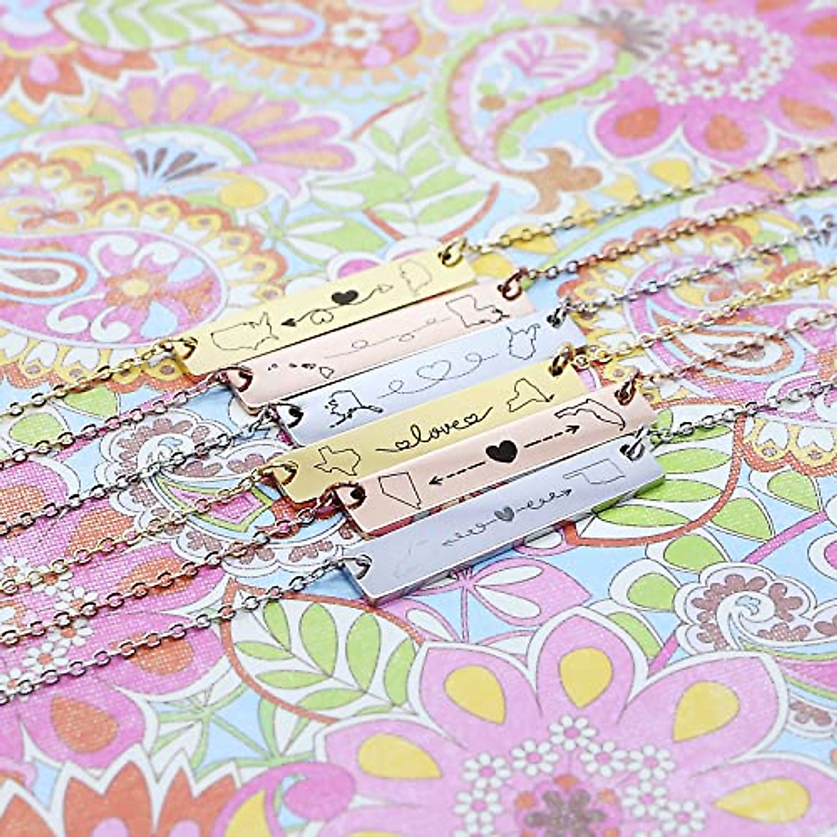 - Long distance necklace Arrow Bar Pendant Necklace Personalized gift 18K Gold/White/Rose Gold Plated Stainless Steel, Delicate Engraved Travel Moving Away Graduation gifts