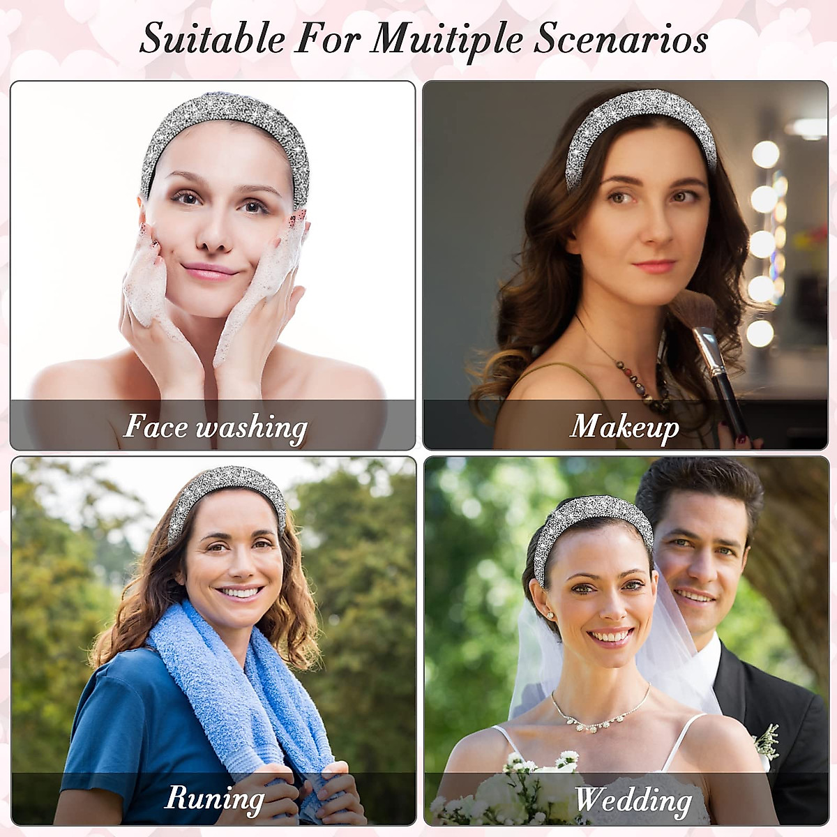 WLLHYF Rhinestone Headband Bling Crystal Hair Hoops Glitter Sparkle Thick Padded Hairband Diamond Beaded Headband Fashion Valentine's Day Gift Hair Accessories for Women Girls