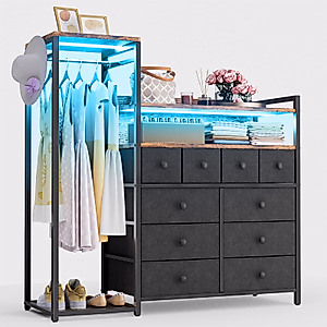 HPWLYO 10 Drawers LED Dresser for Bedroom, Black Fabric Dresser with Clothes Rack, Tall Storage Chest of Drawers, Dressers & Chests of Drawers, Wooden Top, Bedroom, Closet