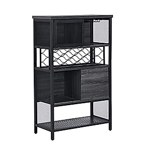 CEMKAR Industrial Bar Cabinet, Modern High Display Wine Storage Rack, Wood and Metal Cabinets for Home Kitchen Storage, Restaurant Cafe Cafeteria Bar Cabinet (Black+Gray)