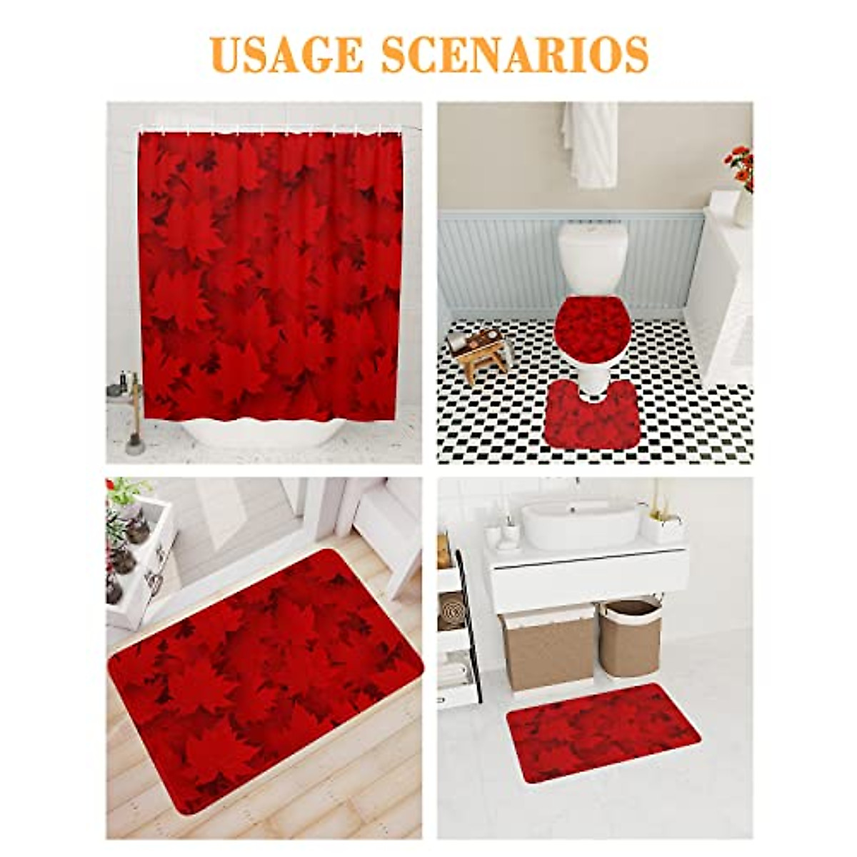 4 Pcs Shower Curtain Set with 12 Hooks Canada National Day Red Maple Leaves Bathroom Sets with Non-Slip Bath Mat Toilet Lid Cover Waterproof Durable Shower Curtain and Rugs