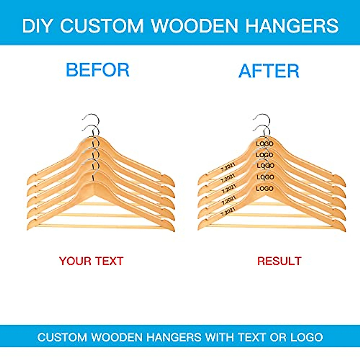 Wooden Coat Hangers, 5 Pieces of Personalized Engraved High-End Wooden Suit Hangers with Non-Slip Trouser Bars, 360° Rotating Hooks and Precise Cut Notches for Jackets, Pants, Dress Hangers (1)