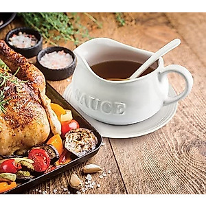 24 Oz Gravy Boat, Tray and Ladle | Ceramic White Gravy Dish With The Word "Sauce" On It