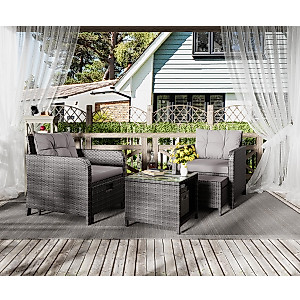 LHBcraft Balcony Furniture 5 Piece Patio Conversation Set, PE Wicker Rattan Outdoor Lounge Chairs with Soft Cushions 2 Ottoman&Glass Table for Porch, Lawn-Grey Wicker (Grey-Grey)