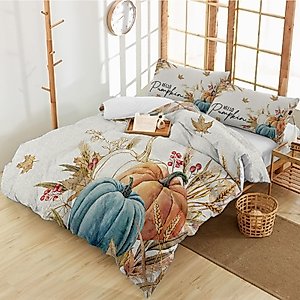Autumn Thanksgiving 3 Pieces California King Bedding Duvet Covers Set Farm Pumpkins Wheat Fall Harvest Soft Quilt Cover and Pillow Shams,Comforter Cover Sets for Bedroom Decor Vintage Cotton