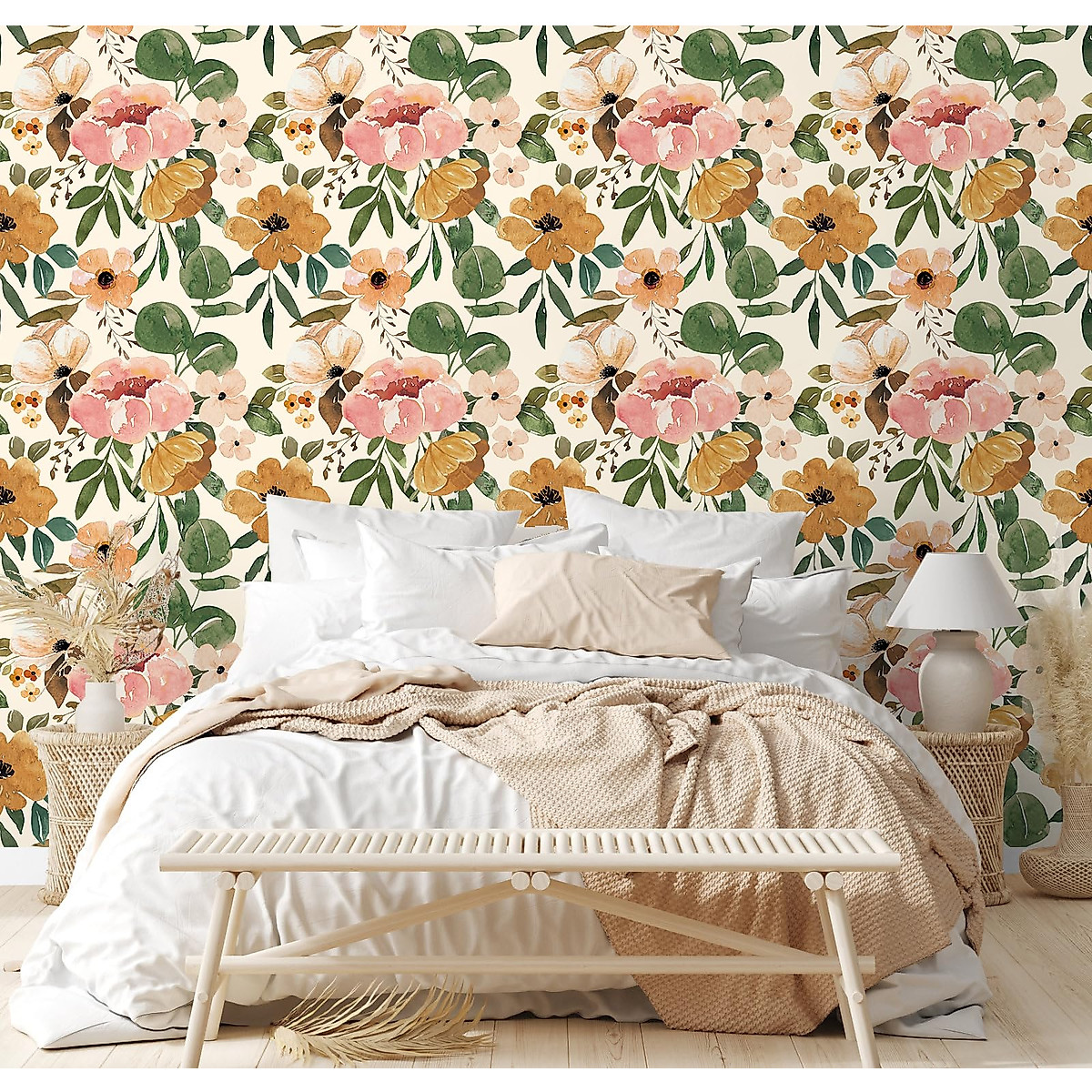 HAOKHOME Vintage Boho Floral Peel and Stick Wallpaper Peonies Removable Rose Beige/Pink/Oliva Vinyl Self Adhesive Contact Paper 17.7in x 9.8ft