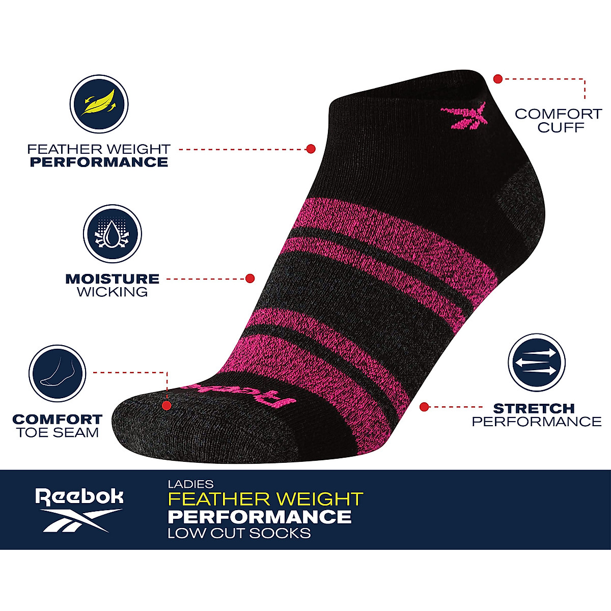 Reebok Women's Athletic Socks - Performance Low Cut Socks (6 Pack), Size 4-10, Black Marl