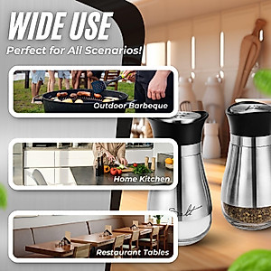 Flexzion Modern Salt and Pepper Shakers Set, Glass Canister Dispenser with Stainless Steel Sleeve and Black Lid for Spices, Sea/Kosher/Himalayan Salts and Pepper - Silver (Set of 2)