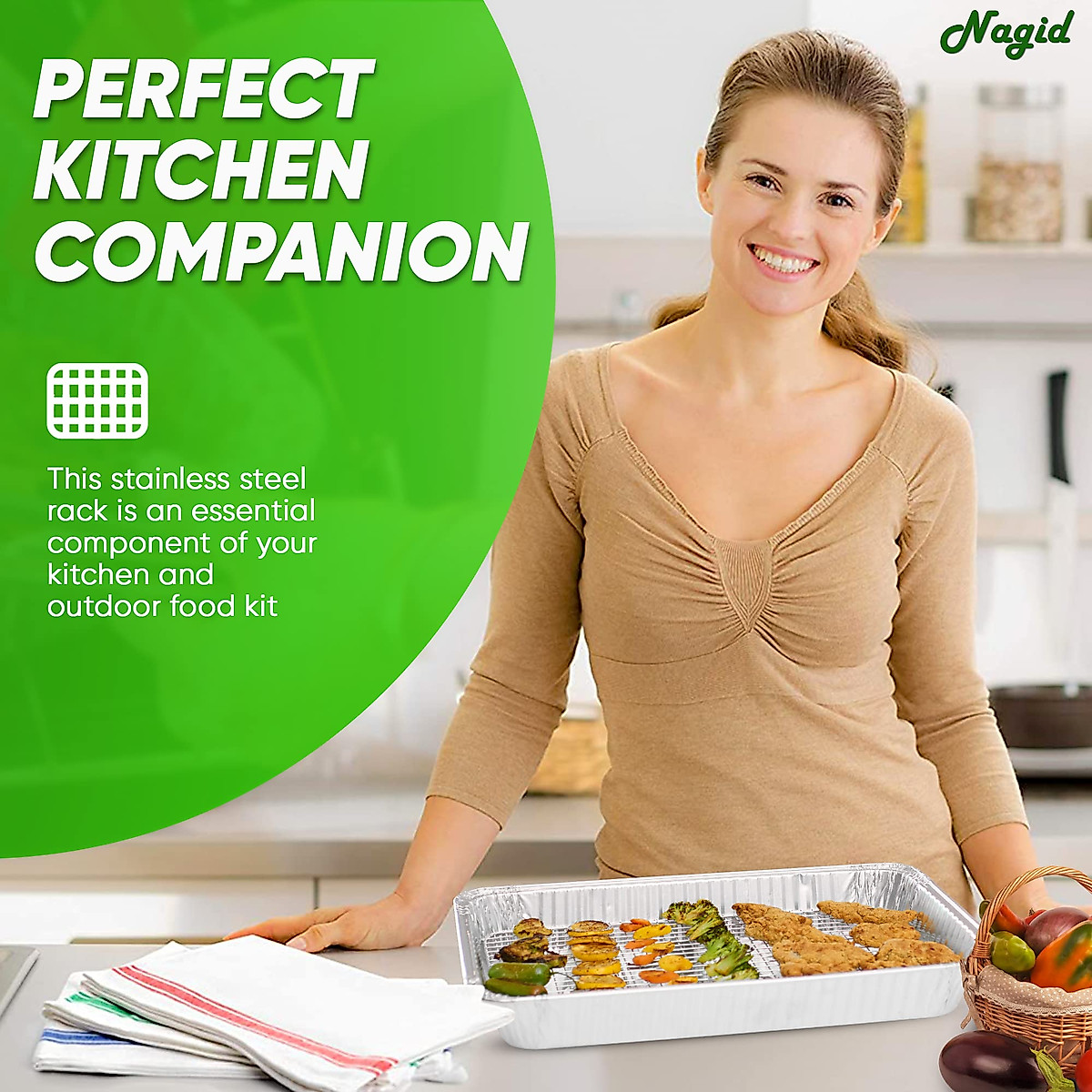 Nagid 100% Stainless Steel Rack - Fits Standard 21” x 13” Disposable Aluminum Pan – Size 18” x 10.5” x 1.5” - Great for Steaming - Cooling – Baking – Roasting - Grilling