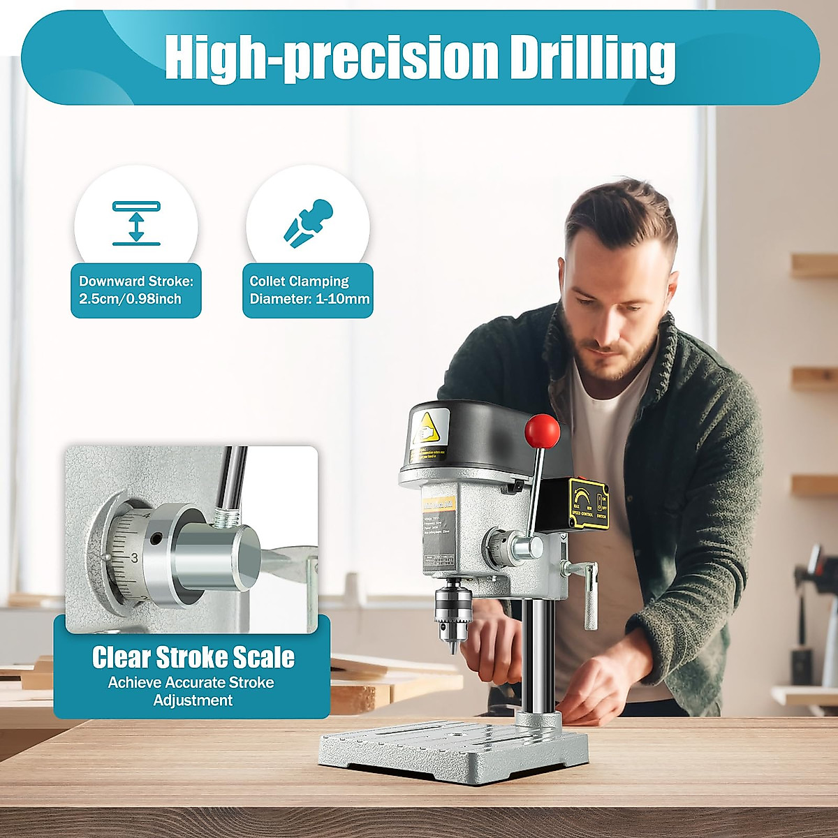 340W Mini Table Electric Drill Press, DNYSYSJ 3-Speed Bench Drill Press 10mm Chuck Wood Metal Speed Adjustable Drilling Machine Power Tools Used for Wooden Furniture 1mm-10mm 110V USA STOCK