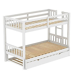 Flieks Twin Over Twin/King Bunk Beds with Trundle, Twin Over Pull-Out bunk Bed Accommodate 4 People for Kids, Adult, No Box Spring Needed