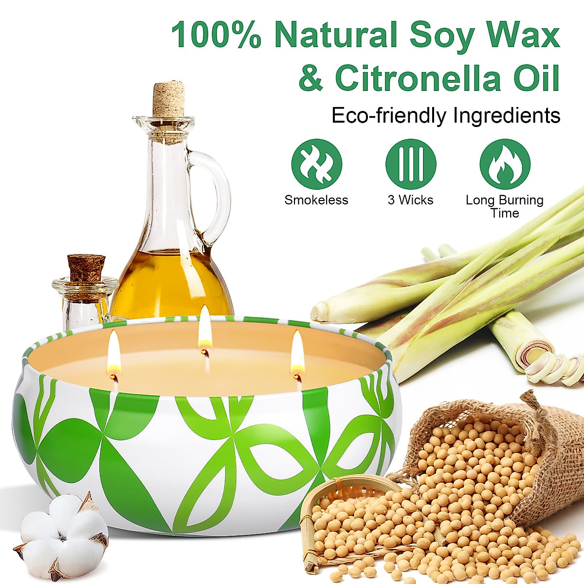 Citronella Candles Outdoor Indoor - Large 3-Wick 3 Pack Citronella Scented Candles Set 12oz Natural Soy Wax Citronella Candles for Garden Patio Yard Home Balcony Camping Backyard, Summer Candle Gift