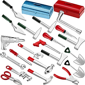 Aoriher 23 Pieces 1:12 Miniature Dollhouse Tools Dollhouse Metal Repair Tool Miniature Scene Model Work Tools with 2 Tin Boxes for Dollhouse Decoration Child Pretend Toy DIY Crafts Ornament