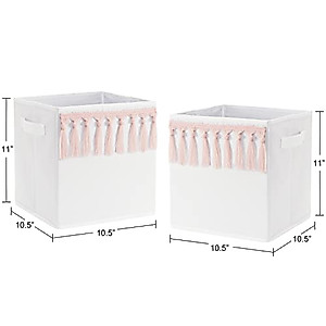 Sweet Jojo Designs Boho Bohemian Foldable Fabric Storage Cube Bins Boxes Organizer Toys Kids Baby Children - Set of 2 - Blush Pink White Farmhouse Shabby Chic Designer Modern Minimalist Tassel Macrame