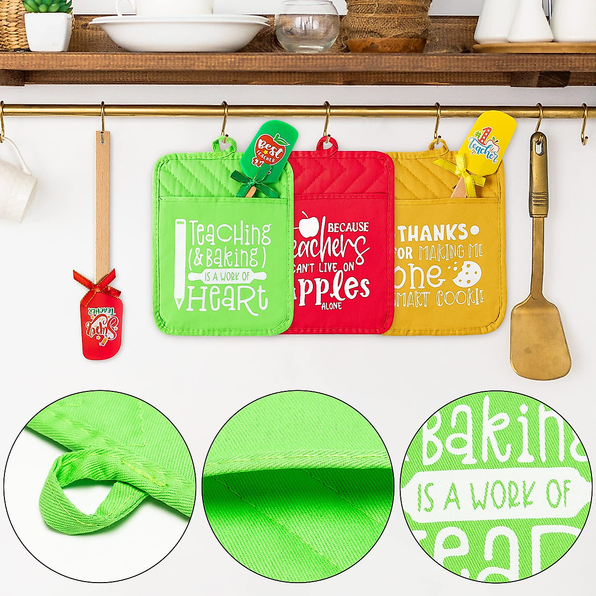 R HORSE 6Pcs Teacher Gift Pot Holder Funny Cookie Bag Silicone Spatula Set for Teacher Appreciation Day Thank You Present Heat Resistant Oven Mitt Ribbon Bows Spatula Baking Gift