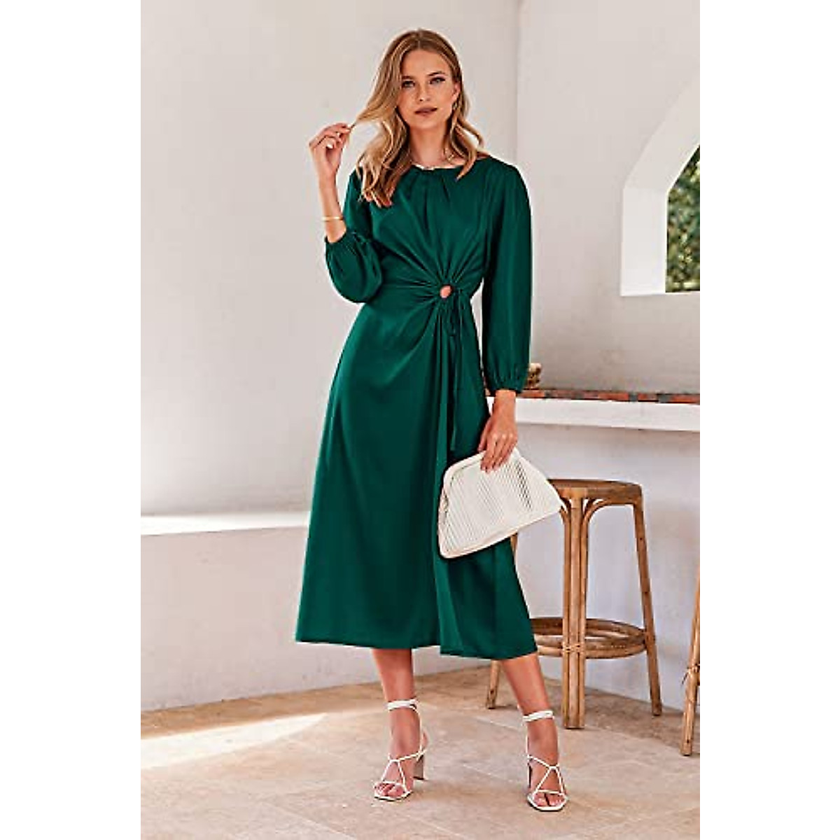 PRETTYGARDEN Women's 2023 Satin Maxi Dress Puff Long Sleeve Crewneck Cutout Casual A-line Long Flowy Dresses (Dark Green,X-Large)