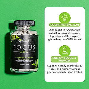 KaraMD Focus 365 - Nootropic Brain Supplement for Memory & Focus - with Maca Root, Ginseng, Acetyl L-Carnitine & Green Tea - Vegetable Capsules - 30 Servings (60 Capsules)