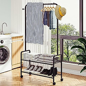 JIUYOTREE Rolling Clothes Rack 35.4 Inches Freestanding Metal Clothing Rack with 2-Tier Storage Racks Garment Coat Rack with Wheels for Clothes Shoes Hats Bags Black