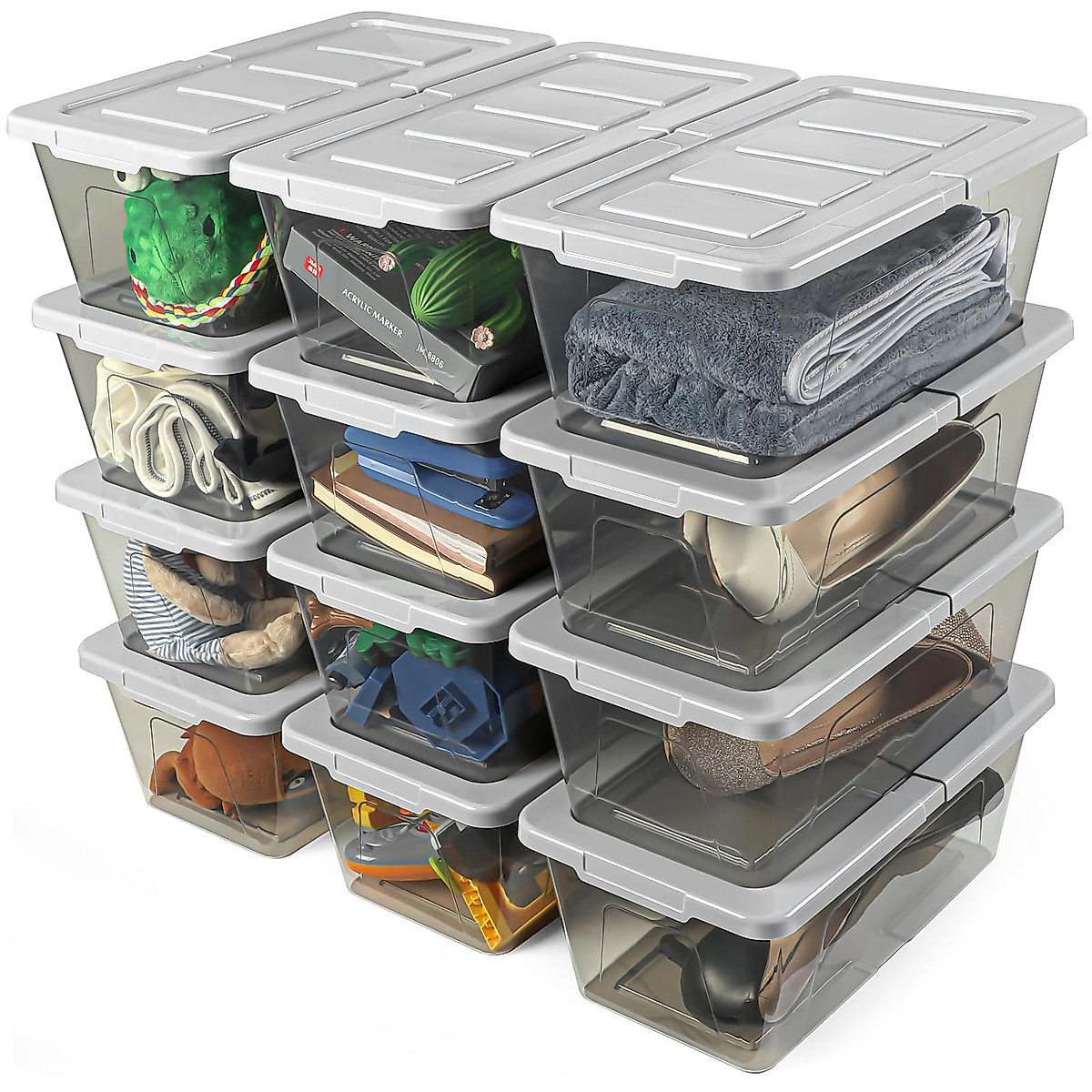 EOENVIVS 12 Packs Clear Storage Bins with Lids Stackable Shoe Boxes Storage Box with Lids For Organization, Clear Plastic Storage Containers For Closet Home Office, Smoky Grey