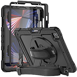 Herize Case Compatible with iPad Pro 12.9 inch 6th/5th/4th Generation with Screen Protector Pencil Holder | Full Body Shockproof Rugged Protective Rubber Case W/Stand Strap | Black