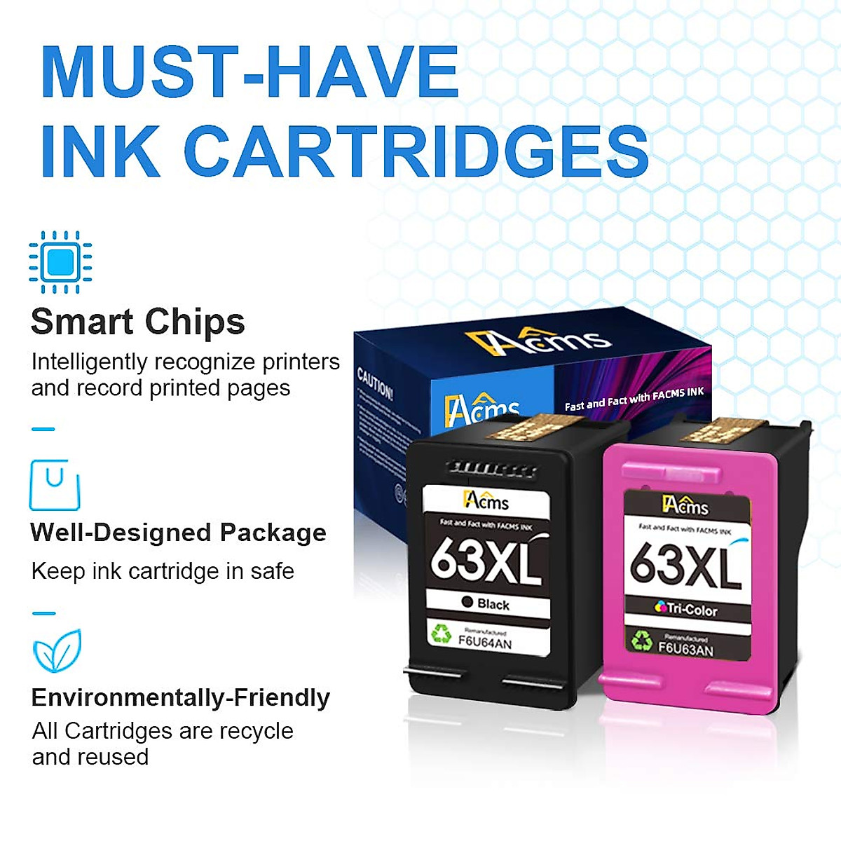 FAcms Remanufactured Ink Cartridge Replacement for HP 63 63XL 63XL for Envy 4520 4512 4513 4516 OfficeJet 3830 5255 5258 DeskJet 1112 1110 3630 3632 3634 2130 2132 Printer(1 Black 1 Tri-Color)