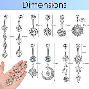 Belly Button Piercing Ring for Women, 10 PCS 14G Surgical Steel Belly Button Rings Barbell Jewelry Rings Bulk for Body Piercing with Long Bar Dangle Curved Navel Rings Heart Belly Ring