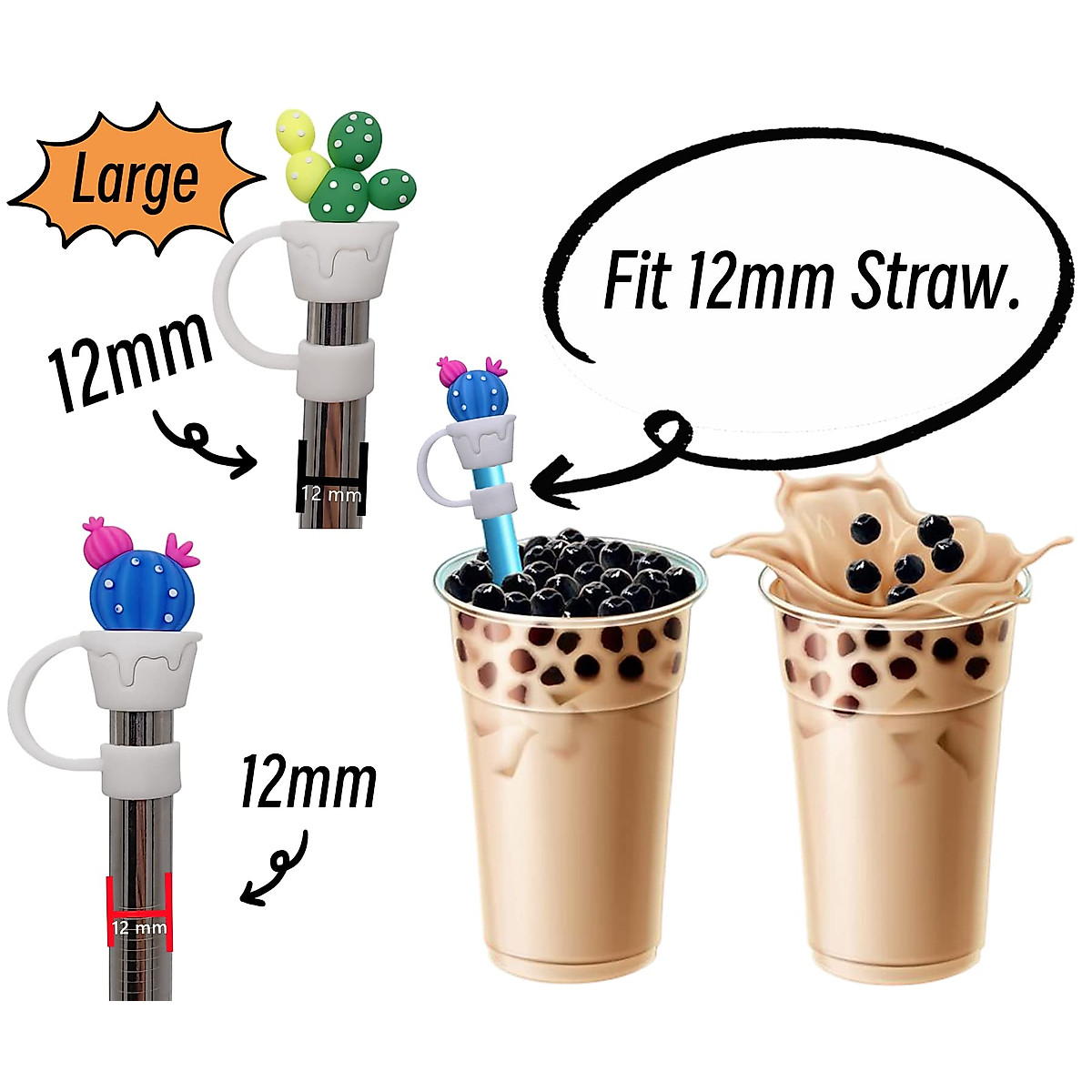 4PCS Straw Covers for Boba Straws, 12mm & 14mm Silicone Straw Tips for Wide straws Large straws Jumbo Straws Smoothie Straws Reusable Straws Glass Straw Silicone Straws