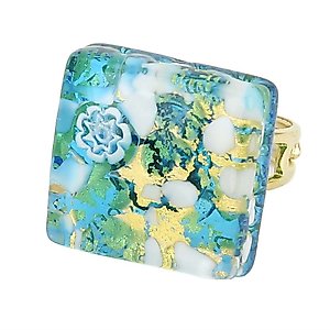 GlassOfVenice Murano Glass Venetian Reflections Square Adjustable Ring - Aqua Gold