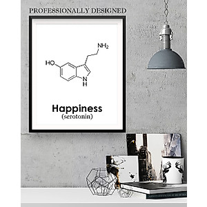 Happiness Serotonin Molecule Wall Art 11x14 Unframed Art Print Poster Black on White for Office, Classroom, Science Laboratory or Home Décor. Great Gift For Scientists, Chemists, Geeks and Nerds