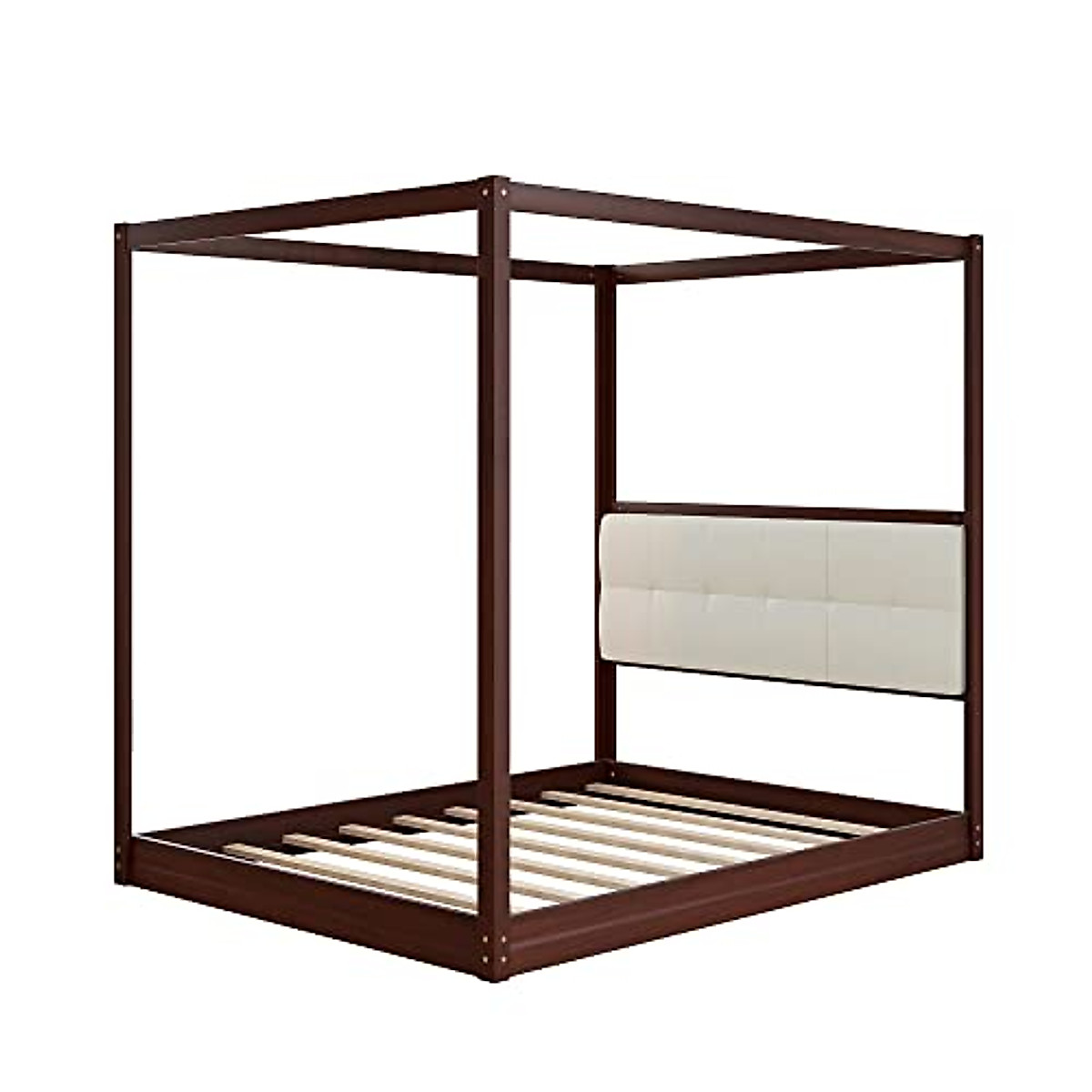 HAUSHECK Queen Size Canopy Bed with Upholstered Headboard, Four-Poster Queen Canopy Platform Bed Frame, Wood Floor Bed Frame with Sturdy Wooden Slatted Structure, No Box Spring Needed, Easy Assembly