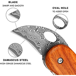 EZKIT Damascus Pocket Knife, Small Folding Wood Handle EDC Knife, Blade Length: 2in