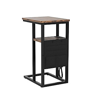 SUPERJARE C Shaped End Table with Charging Station, Side Table with Storage Bag, Couch Table, C Table with USB Port and Outlet, for Living Room, Bed Room, Set of 2, Rustic Brown
