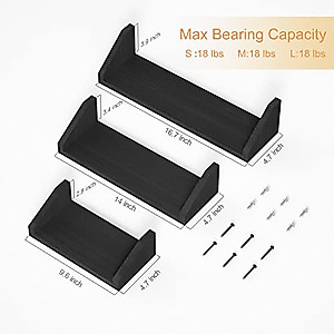 SRIWATANA Floating Shelves Wall Mounted Set of 3, Solid Wood Wall Shelf Display Ledge Storage Shelves for Living Room Kitchen Bathroom, Black