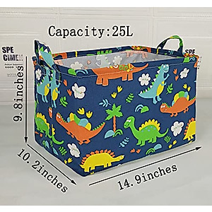 ACMUUNI REC Canvas Clothes Basket Laundry Hamper with Handles Waterproof Cotton Storage Organizer Perfect for Kids Boys Girls Toys Nursery Gift Basket (REC blue dinosaur)