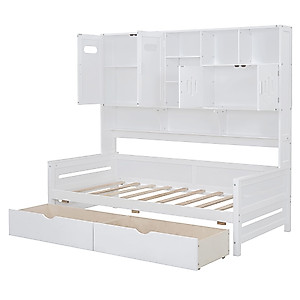 Merax Twin Size Wooden Daybed with 2 Drawers & Bookcase Headboard, and All-in-One Storage Cabinet and Shelf, White