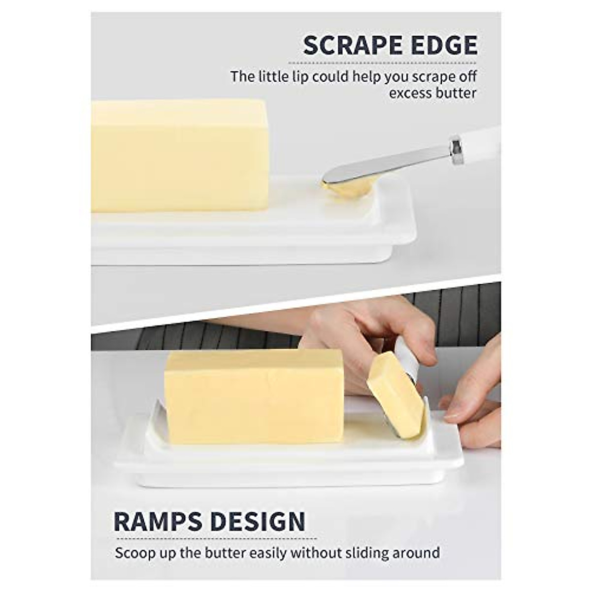 Sweese 327.101 Butter Dish with Lid for Countertop - Butter Dish with Gold Handle, Butter Dishes with Covers for 4oz East West Coast Butter - Dishwasher Safe, White