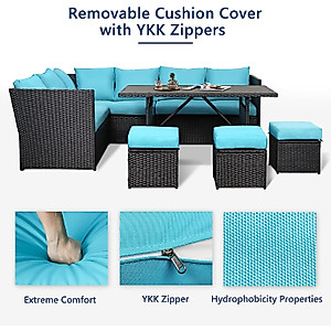 AECOJOY Patio Furniture Set, 7 Pieces Outdoor Patio Furniture with Dining Table&Chair, All Weather Wicker Conversation Set with Ottoman and Patio Set Cover, Blue