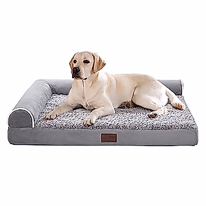 WESTERN HOME Large Orthopedic Dog Beds Sofa - Large/Extra Large Dogs Beds, Eggs Crate Foam Couch Large Pet Bed with Waterproof Washable Cover, Faux Fur Velvet Sofa Dog Bed, Grey