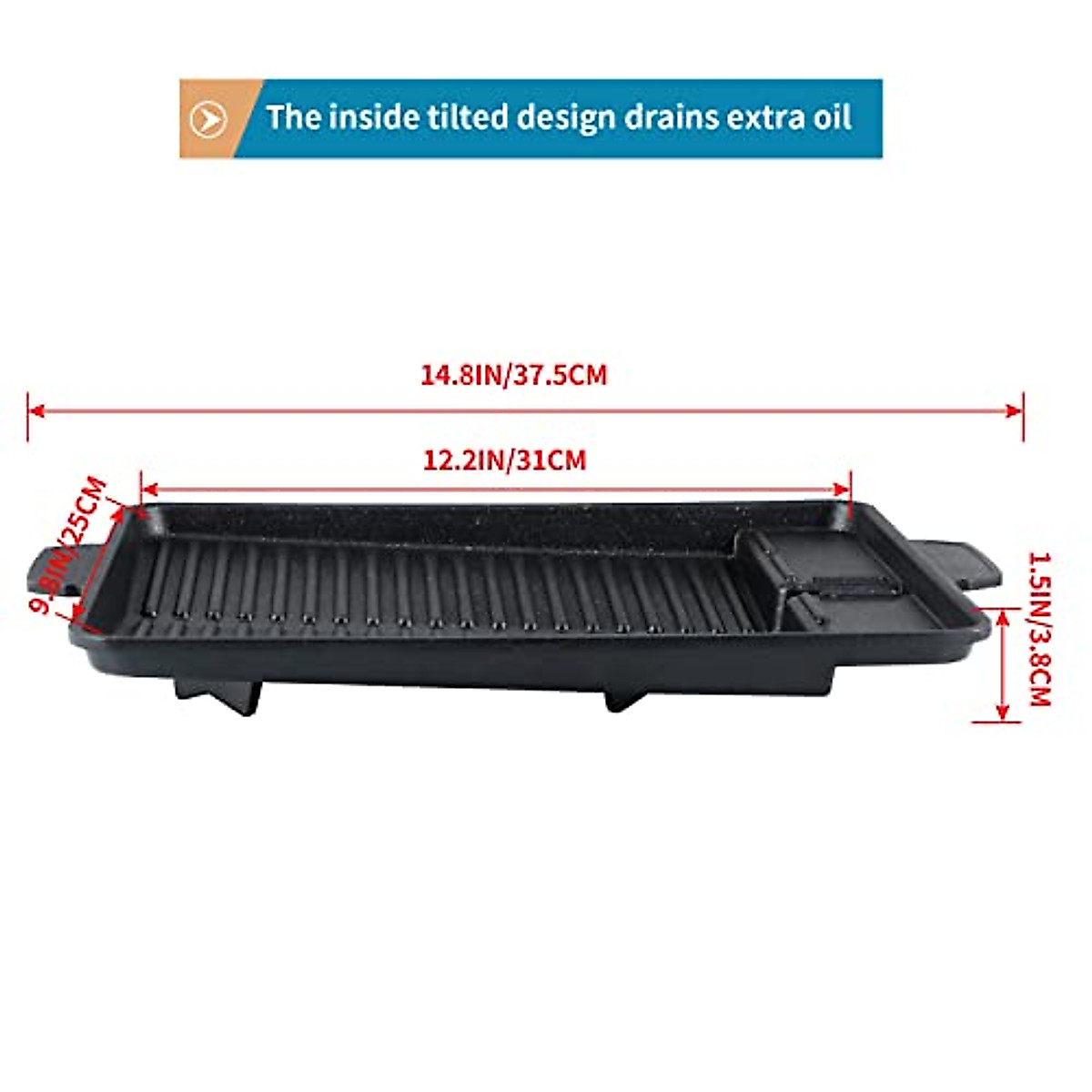 Sanbege BBQ Grill Pan with Nonstick Maifan Stone Coating and Oil Drain, 12.2" Smokeless Griddle Plate for Gas Stove, Indoor or Outdoor Open Flame Grilling (Rectangular)