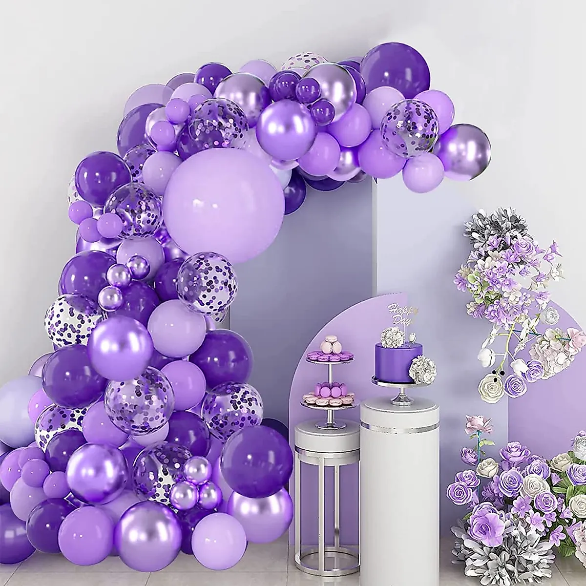 UniStylar 147Pcs Purple Balloons Garland Arch Kit, Light Pastel Lavender Silver Metallic Confetti PurpleBalloons for Womens Girls Baby Shower Wedding Birthday Party Decorations(Purple Silver)