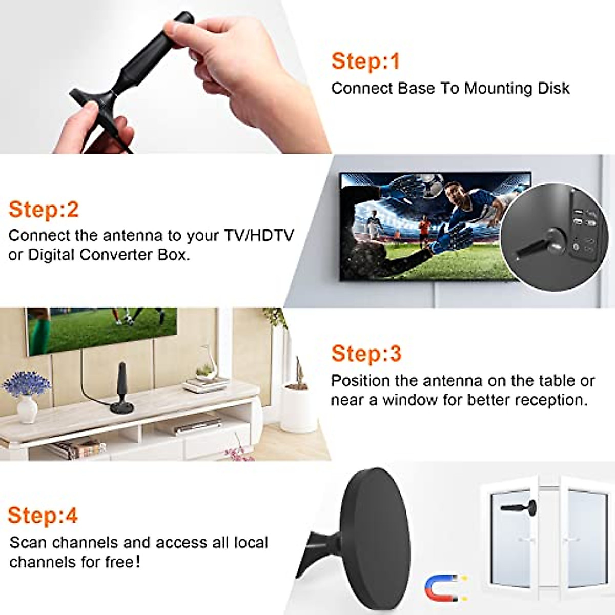 Digital HDTV Antenna Long Range 300 Miles Indoor Amplified Signal Booster Support 4K 1080P UHF VHF FM Local Channels with 13.4ft Coax Cable and USB Power Adapter