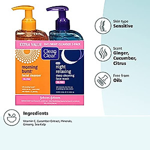 Clean & Clear 2-Pack Day and Night Face Cleanser Citrus Morning Burst Facial Cleanser with Vitamin C and Cucumber, Relaxing Night Facial Cleanser with Sea Minerals, Oil No & Hypoallergenic Face Wash